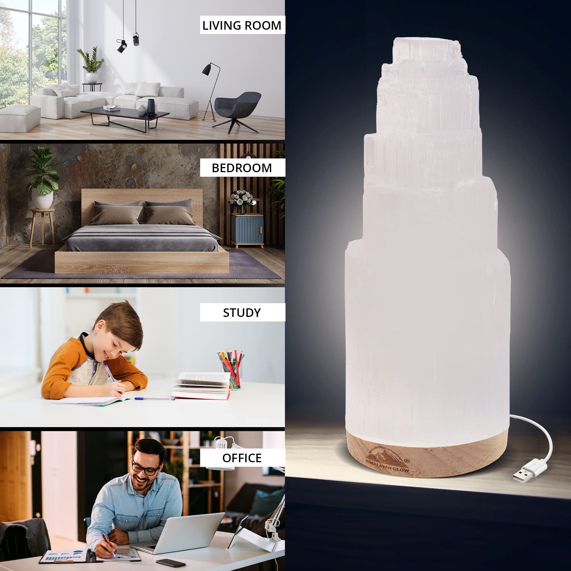 Elvissmart Natural Selenite Lamp, Hand Curved Crystal Lamp with (ETL Certified) USB Charging Cable with Wooden Base | 2-4 LBS