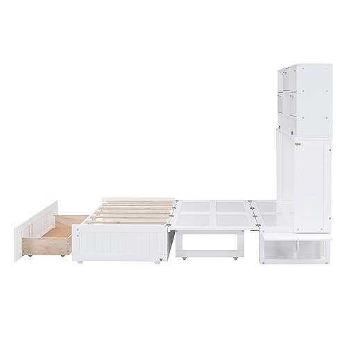 YSWH Queen Murphy Bed Chest, Wood Murphy Bed Frame with Bookcase, Bedside Shelves and Drawer, Versatile Chest Bed Folding Bed for Bedroom Furniture, Foldable Platform Bed Folded into Cabinet