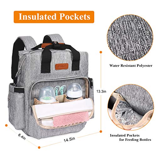 Diaper Bag Backpack, Multifunction Diaper Bags for Baby Boy, Convenient Backpacks for Girl,Water Resistant Nappy Organizer with Changing Mat,Stroller Straps,USB Charging Port,Insulated Pockets,Grey