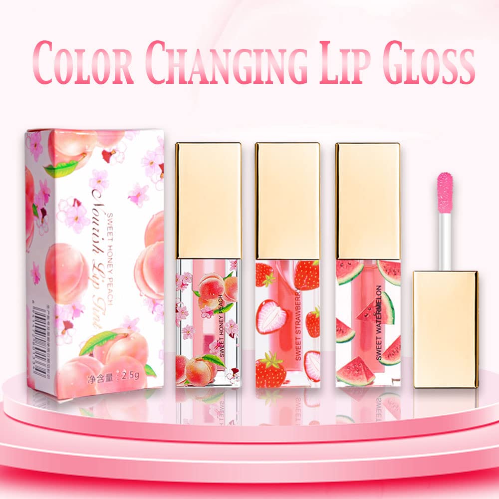 evpct 3Pcs Peach Strawberry Watermelon Mini Clear Color Change Changing PH Tinted Lip Gloss Balm Set for Women Girls Lip Oil Gloss Tint Stain Glaze Pack bulk labiales magicos brillos para labios