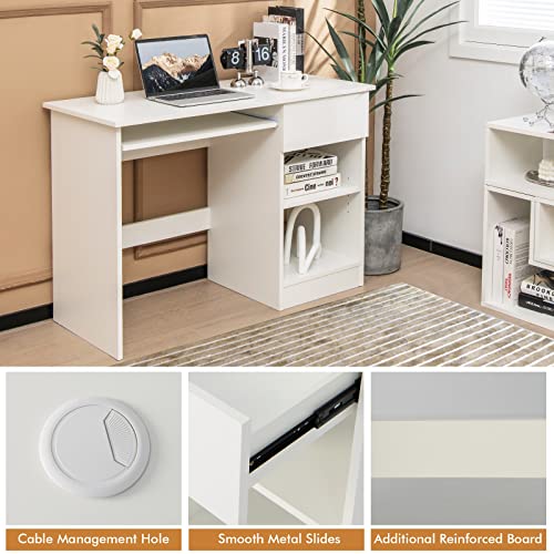 IFANNY White Computer Desk with Drawers, Modern Office Desk with Keyboard Tray and Open Storage Shelf, Work Desk for Home Office, Small Computer Desk for Small Spaces…