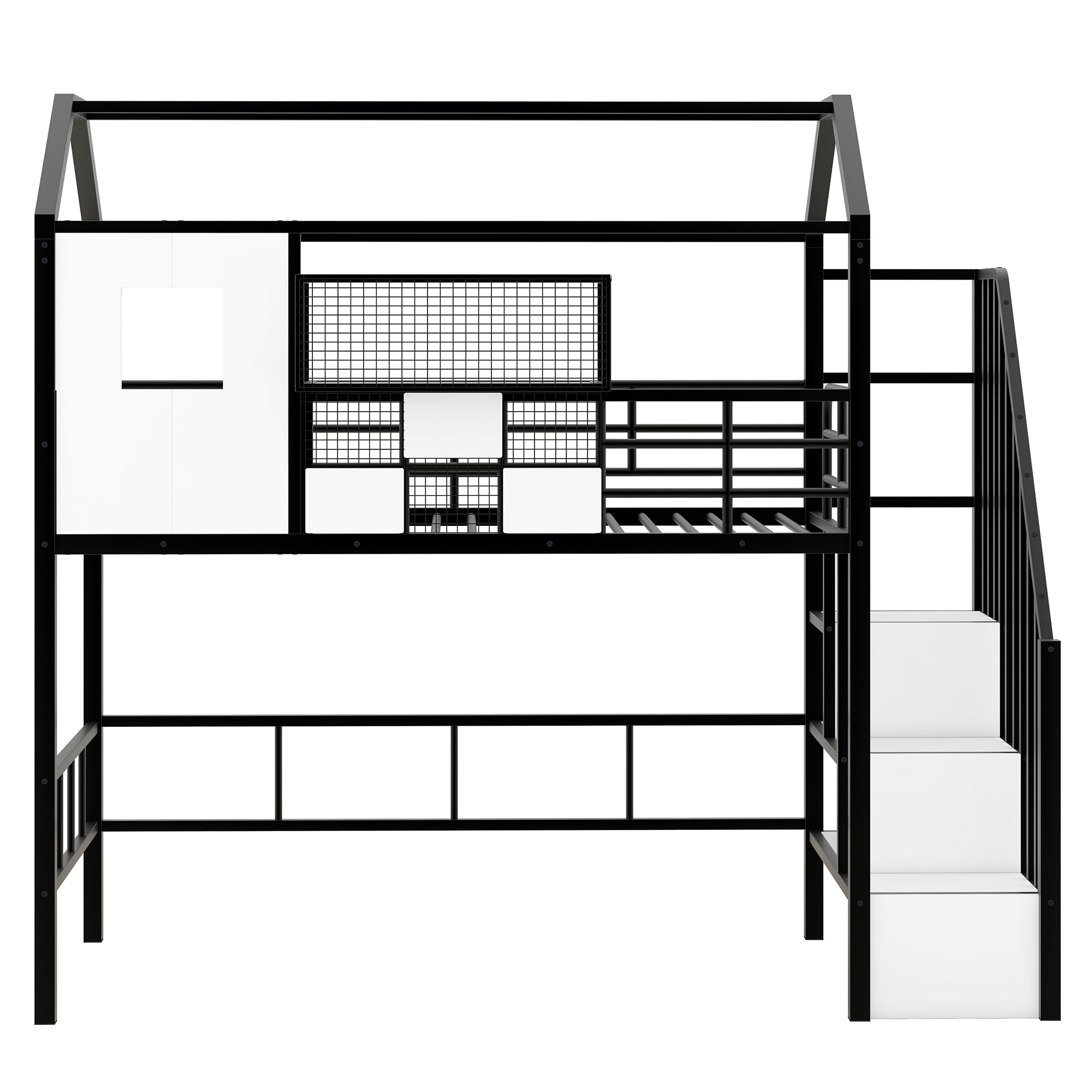 Merax Loft Bed Full Size with Storage Grid, Metal Loft Bed with Lateral Shelf Ladder, for Adults and Teens, Black