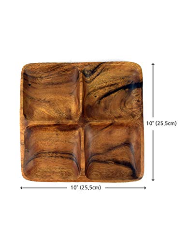UPIT Acacia Wood 4 Section Divided Square Serving Tray Dessert Platters, 10 inch