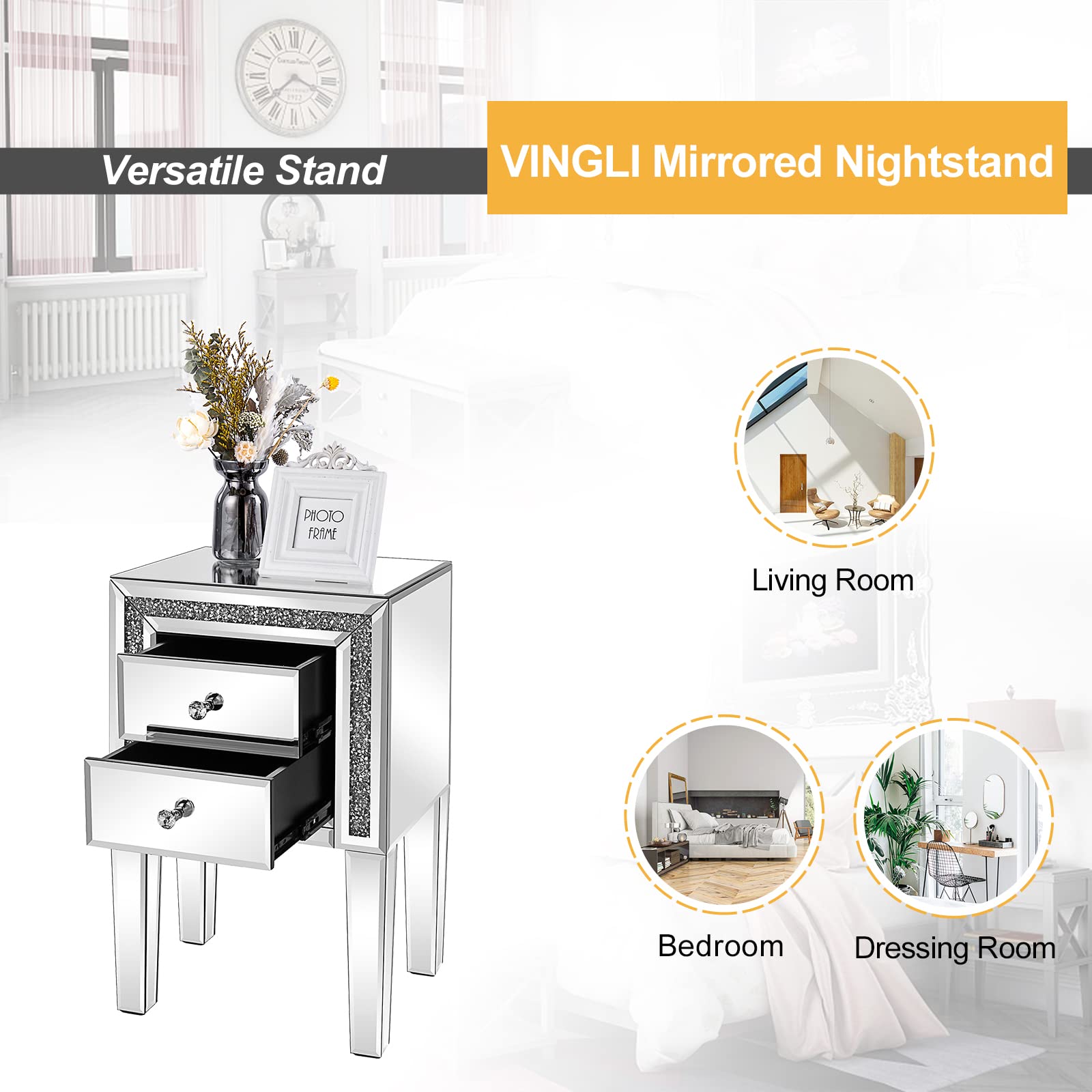 VINGLI Mirrored Nightstand, Mirrored Bedside Table with Drawer, Mirror Silver Night Stand, Mirrored Glass End Table Crushed Diamond Glitter Night Stand for Small Spaces/Bedroom/Living Room, Silver