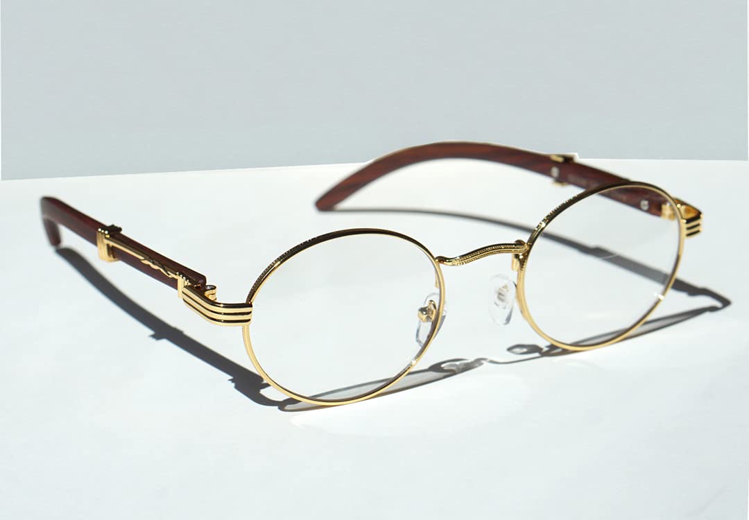 Fa.Beau.Lux FBL Vintage Oval Clear Lens Metal & Wood Feel Eyeglasses A103 (Gold/Brown)
