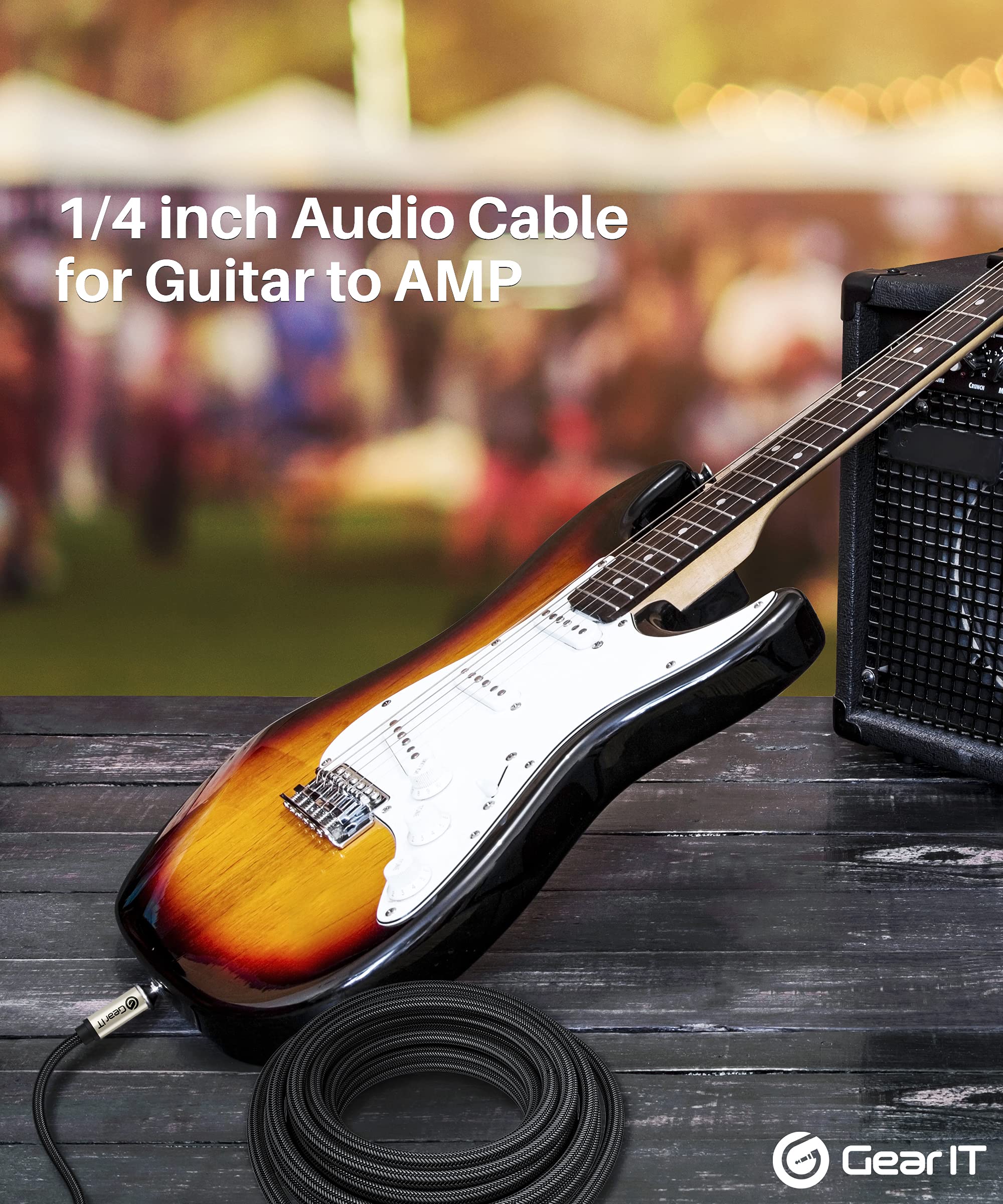 GearIT Guitar Instrument Cable (15ft 2-Pack) 1/4 Inch to 1/4 inch TS Straight Male to Male 6.35mm Mono Jack with Alloy Connector and Nylon Braid