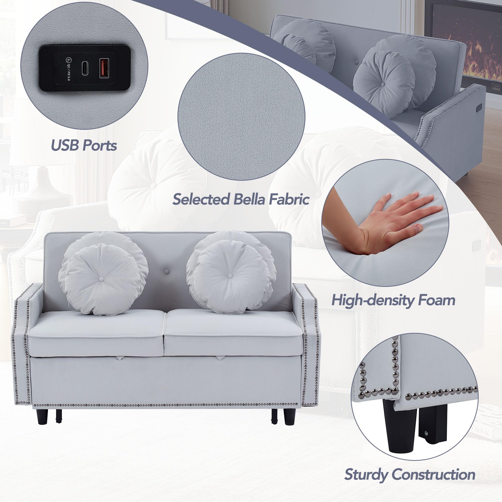 Merax Pull-Out Sofa Bed with a Button Tufted Adjustable Backrest and 4 Lumbar Pillows, 2 Seat Loveseat Lounge with USB Ports, 3 in 1 Convertible Sleeper Couch for Living Room, 54.7", Coffee