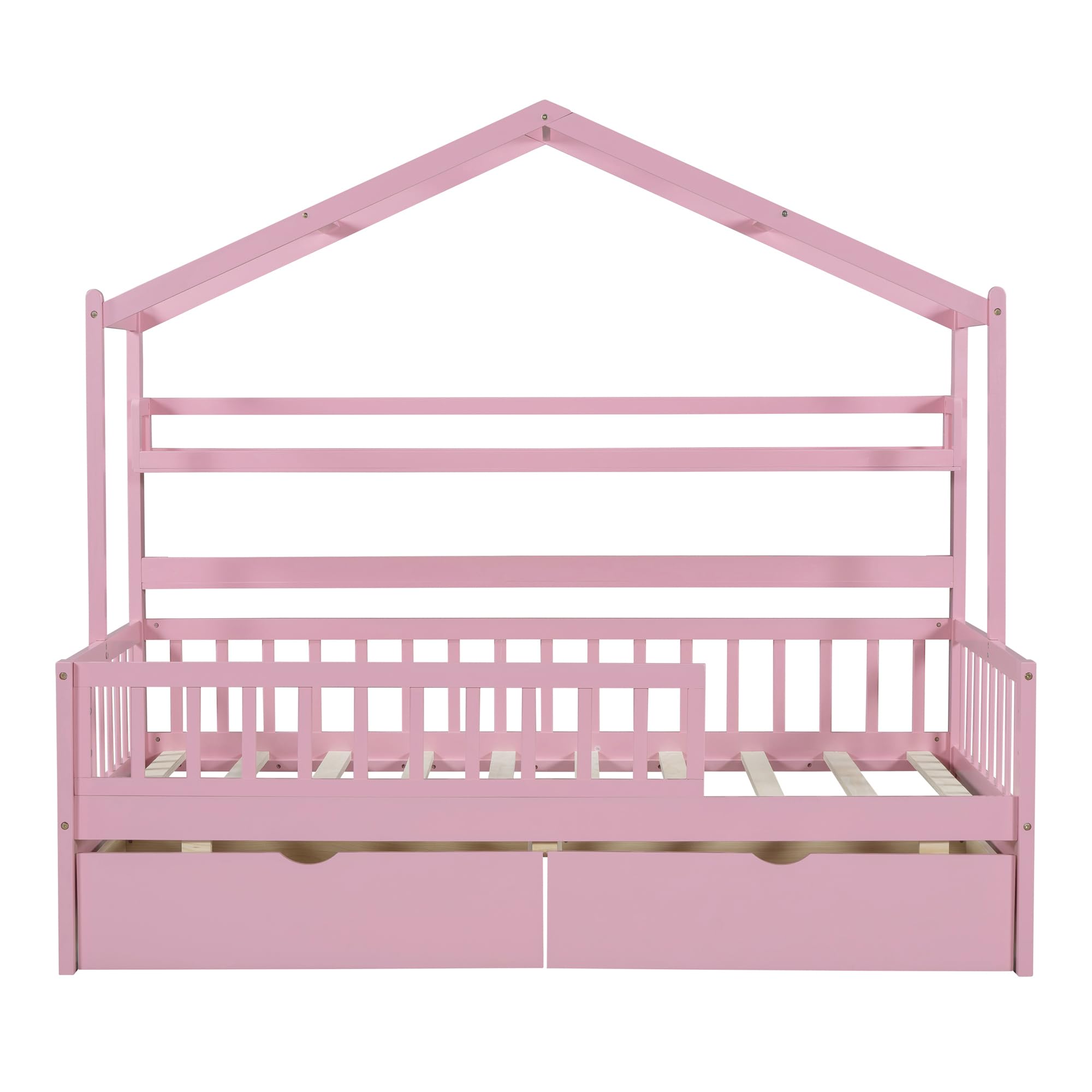 Merax Twin Bed Frames with 2 Drawers Storage Shelf Guardrail, Wooden House Shaped Platform Bed for Kids, No Box Spring Needed