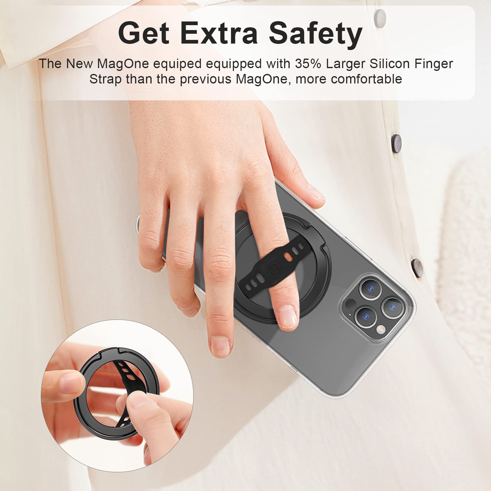 EWA MagOne 2023 (Edition Aluminium) [Compatible with Magsafe] Phone Grip Stand with Silicone Finger Strap, Removable Magnetic Ring Holder Kickstand Loop, for iPhone 15, 14, 13, 12 Pro/Max