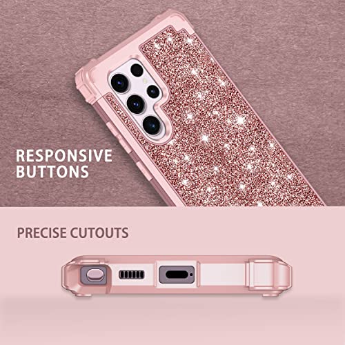 LONTECT for Galaxy S23 Ultra Case with 2 Camera Lens Protector,Three-Layer Shockproof Heavy Duty Full Body Sturdy Protective Case for Samsung Galaxy S23 Ultra 5G,Rose Gold