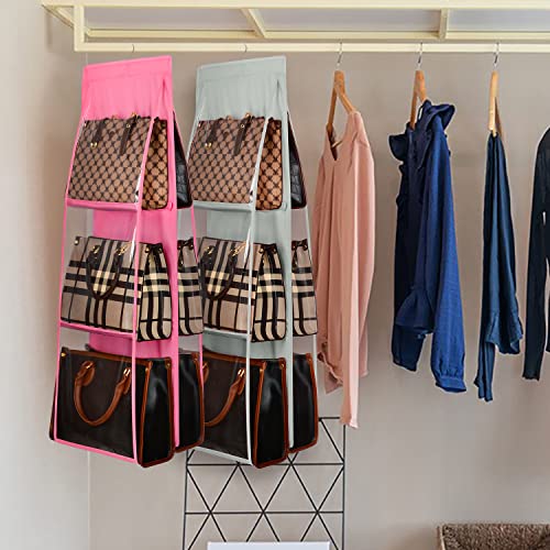 Lirex Handbag Hanging Organizer, 6 Pockets Foldable Hanging Purse Organizer Oxford Cloth Handbag Storage Hanger Universal Fit Closet Organizer for Family Closet Bedroom, Pink