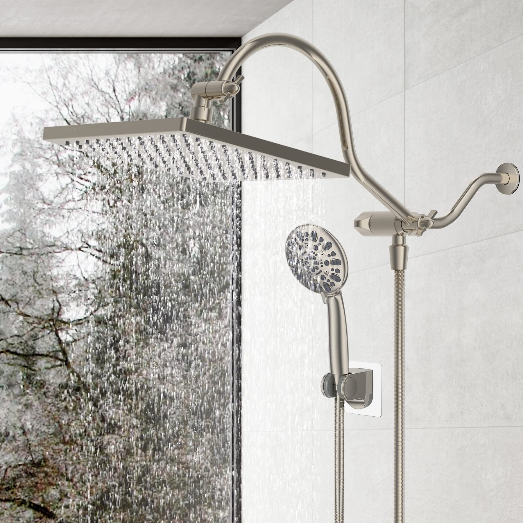 Hibbent 10" Thickness Metal Rainfall Shower Head/Handheld Showerhead Combo with 12'' Adjustable Curved Shower Extension Arm, 7-Spray, 71'' Hose, Adhesive Showerhead Holder, Brushed Nickel