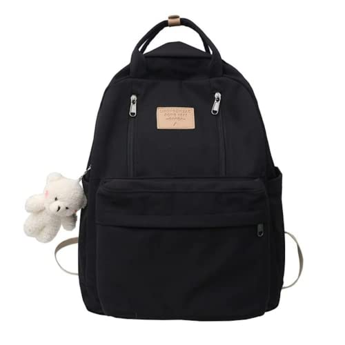 MININAI Preppy Backpack with Plushies Cute Backpack Light Academia College Backpack Solid Aesthetic Rucksack for Travel (One Size,Black)