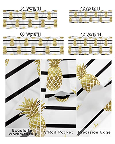 Window Valance for Kitchen,Summer Gold Pineapple Black White Stripes Curtain Valances Rod Pocket Short Curtains,Tropical Fruit Seamless Privacy Window Treatment for Bedroom Living Room 42x12in