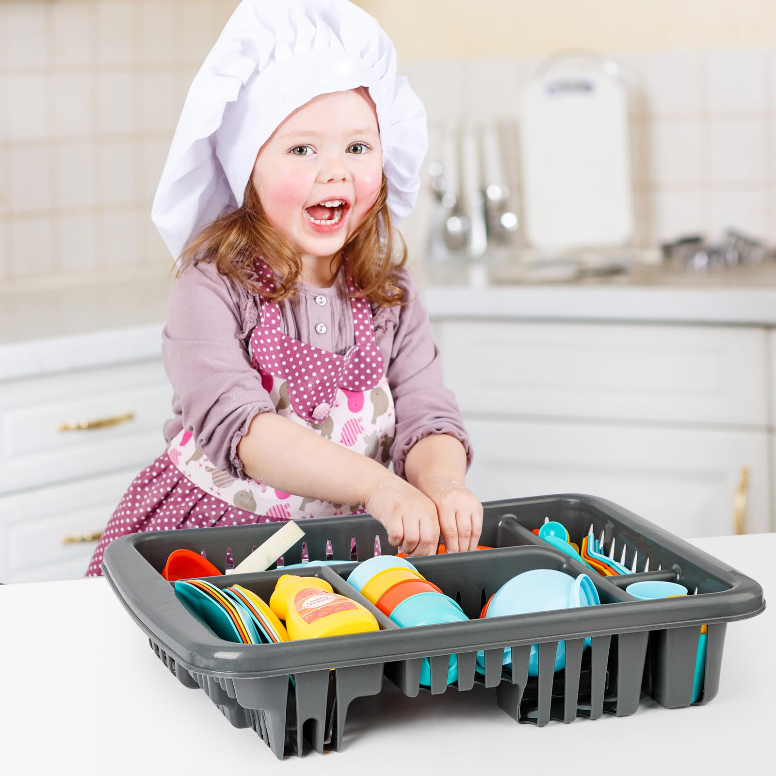 deAO 41PCS Kids Play Dishes Durable Pretend Play Kitchen Set for Kids Children Tableware Dishes Playset with Drainer - Play Kitchen Accessories for Girls Boys Kids