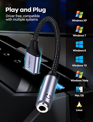 USB to 3.5 mm Jack Audio Adapter, External Sound Cards to Headphone Jack Aux Adapter Available for TRS or TRRS Plug Headphones, PS4/PS5/PC/Laptop-Purple Gray/9.8 inches