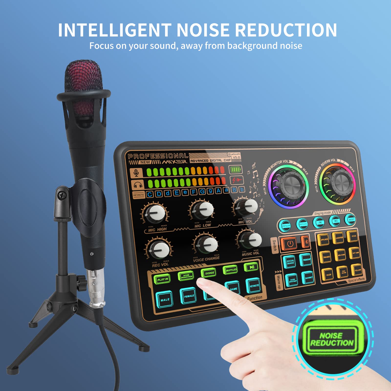 Hosabely Podcast Equipment Bundle, With Podcast Condenser Microphone and Stand, Voice Changer Sound Card with Multiple Sound Effects and LED Light,Sound Board for Streaming/Podcasting/Gaming/Recording