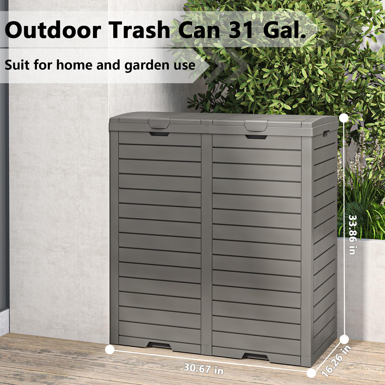 Outdoor Trash Can, 62 Gallon Waterproof Garbage Can with Tiered Lid and Drip Tray, Resin Outside Trash Bin for Patio, Backyard, Deck