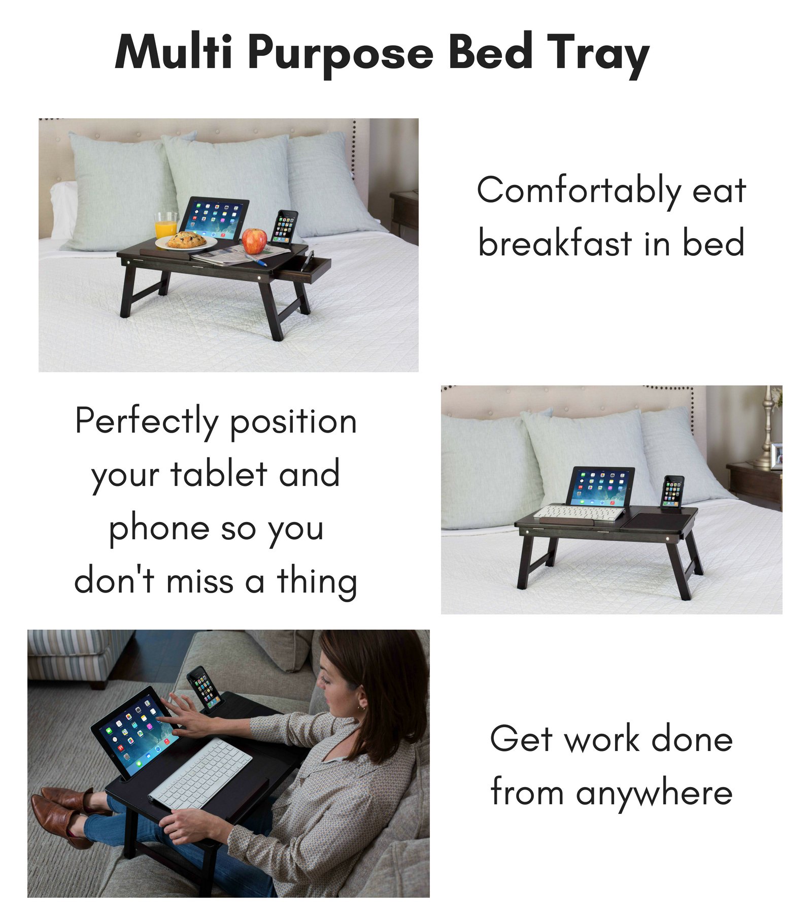 Sofia + Sam Laptop Bed Tray with Storage Drawer and Media Slots | Folding Legs and Mouse Pad | Fits Laptops Up to 15" | Tablets Up to 9.6" | Smart Phones Up to 4" | Espresso | Work from Home Desk