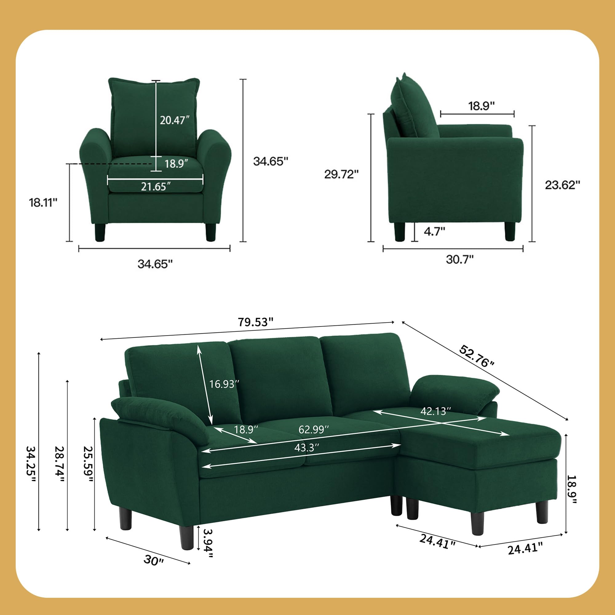 Tornama 79" Convertible Sectional Sofa Set, Small L Shaped 3-Seat Couch with Reversible Chaise and Accent Chair, Modern Linen Sofas Couches for Living Room, Dark Grey