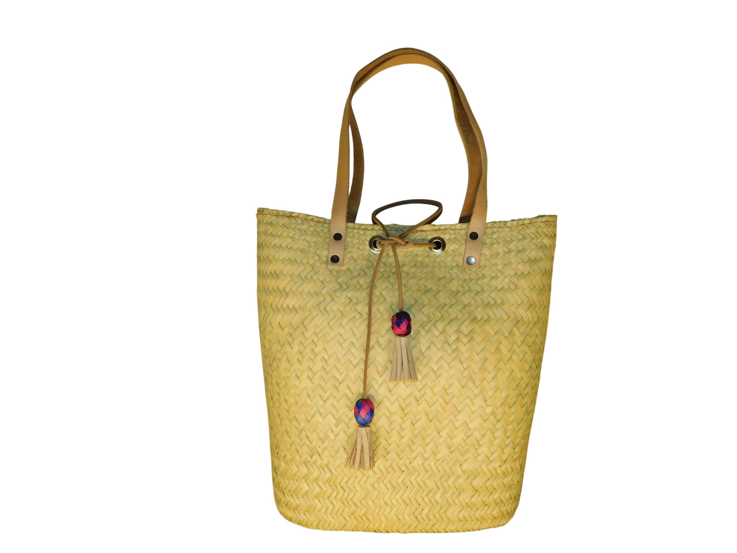 Handwoven Palm Leaf Tote bag, Beach Bag with leather straps and colorful tassels, Handcrafted in Mexico. (Beige strap)