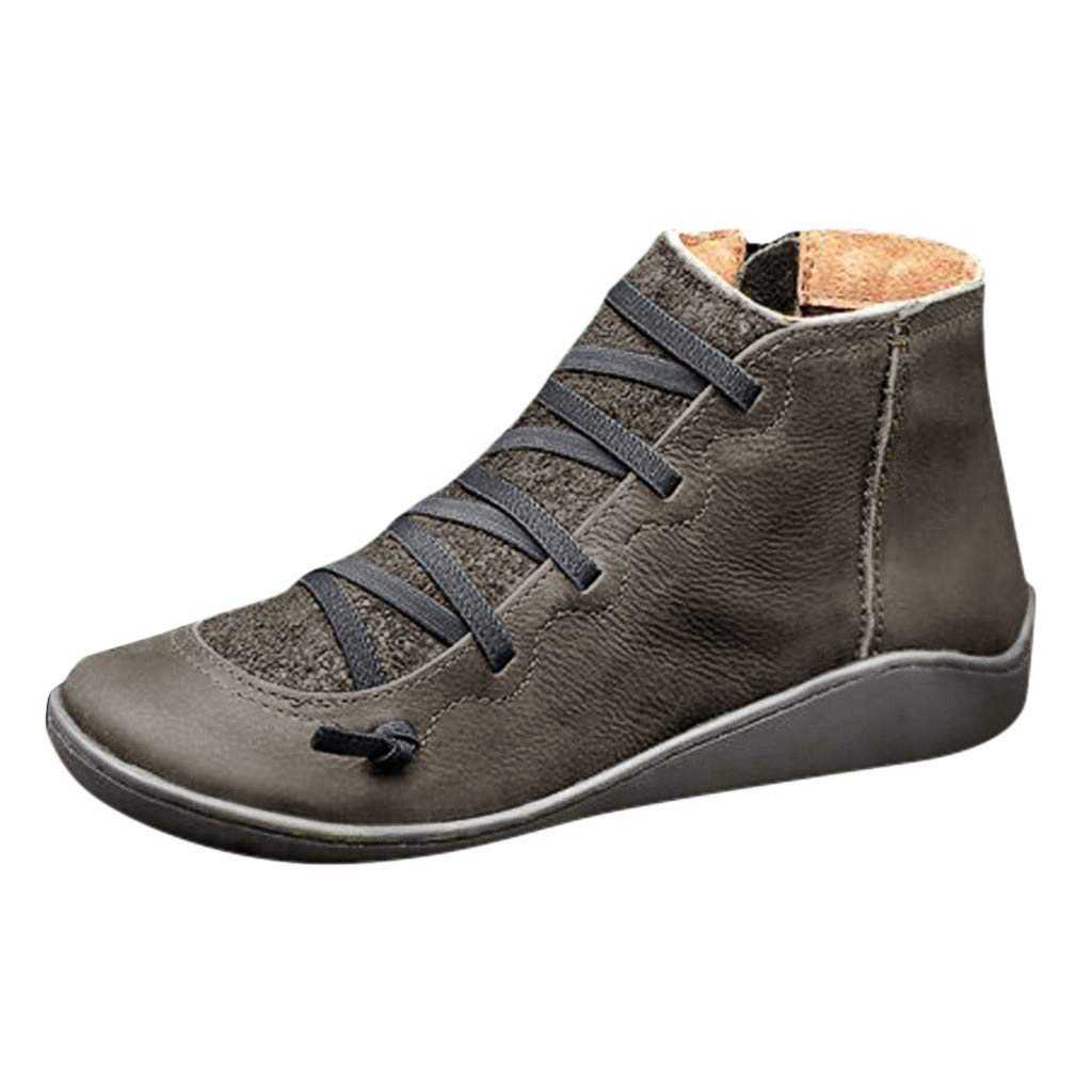 Toxz Women's Fashion Leather Lace-up Boots Casual Side Zipper Round Toe Arch Support Ankle Boots Comfy Flat Shoes Grey