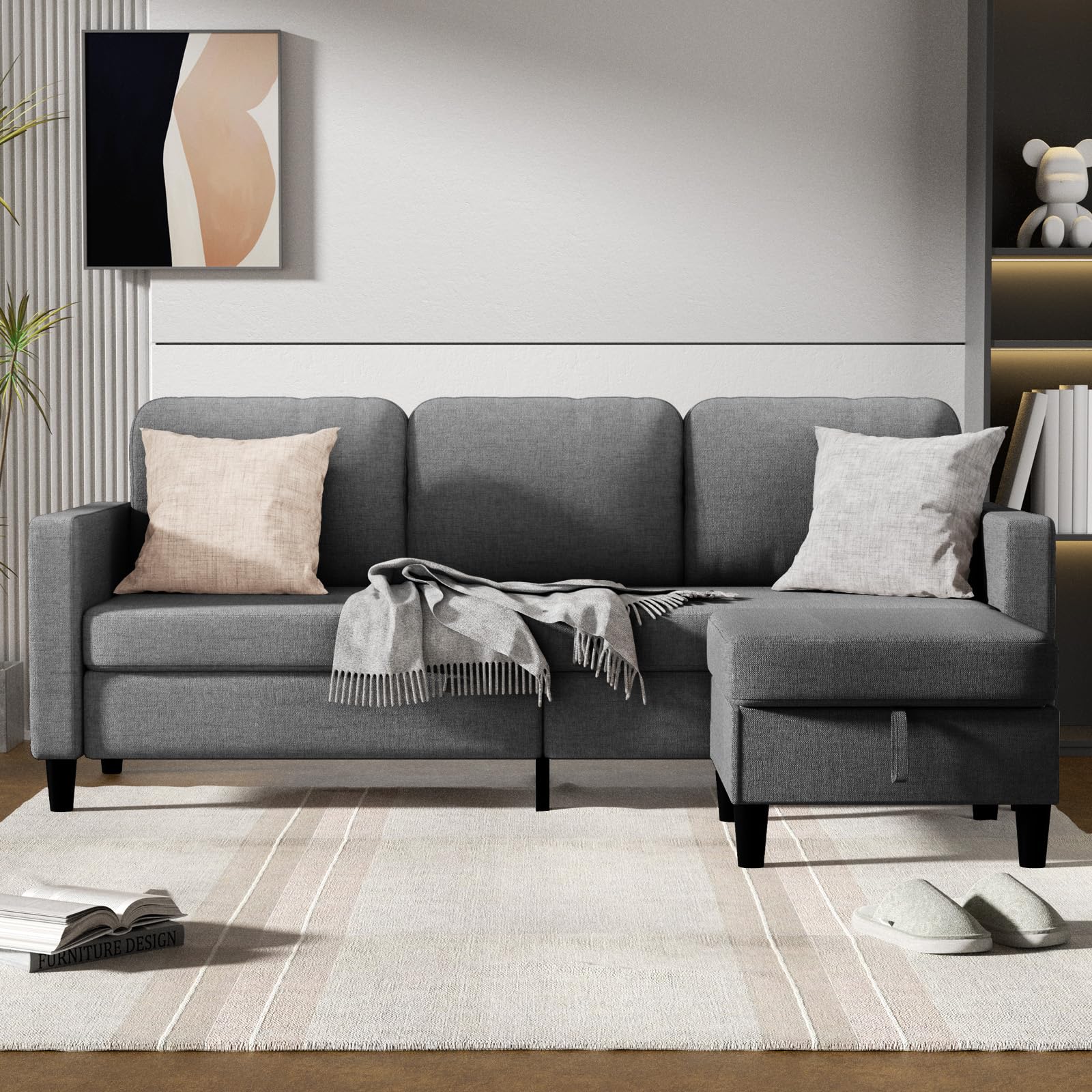 PUREMIND 76 Inches Sectional Sofa Couch, Linen Fabric L-Shaped Couch, 3-Seat Sofa with Reversible Storage Ottoman for Living Room, Apartment and Small Space (Beige)