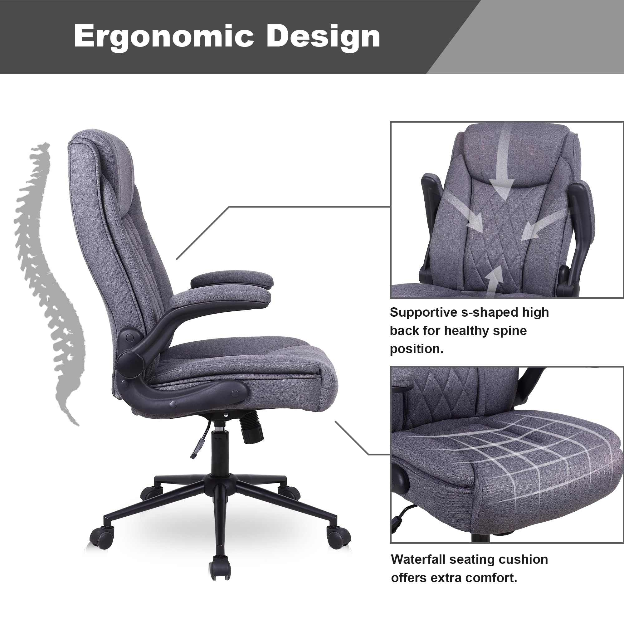 Executive Office Chair, Ergonomic Home Office Desk Chairs, Fabric Computer Chair with Lumbar Support, Flip-up Armrests and Adjustable Height,High Back Work Chair(7022) (7022-A)