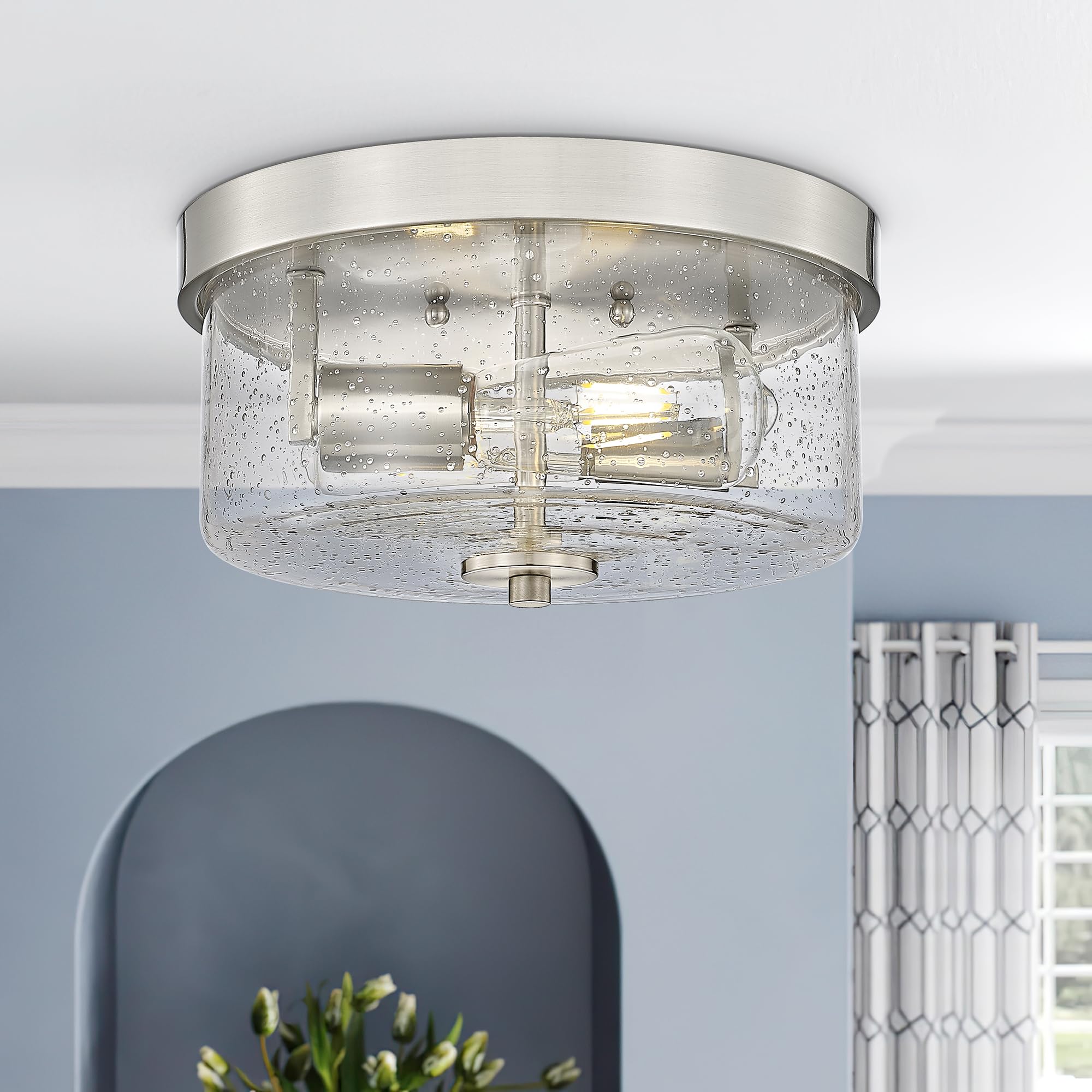 Emak 2-Light Brushed Nickel Ceiling Light Fixture, 11 Inch Flush Mount Light Fixture with Seeded Glass Shade for Bedroom, Living Room, Kitchen, Hallway, Bathroom, FM082-BN