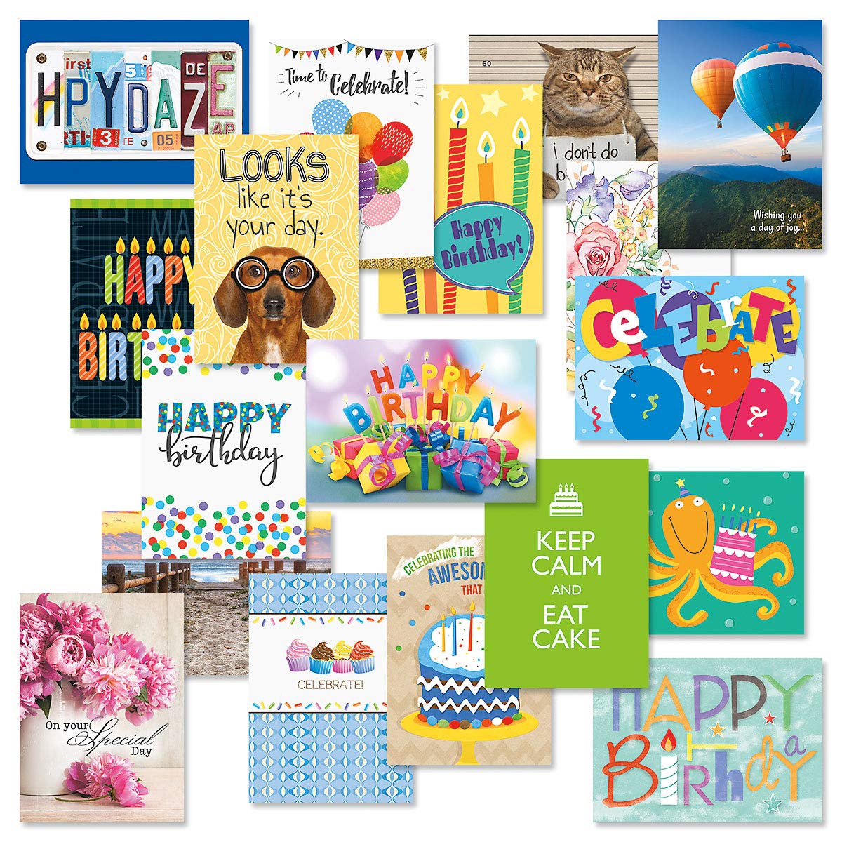 Mega Happy Birthday Greeting Card Value Pack β Set of 36 (18 Designs), Large 5 x 7 inches, Envelopes Included, by Current