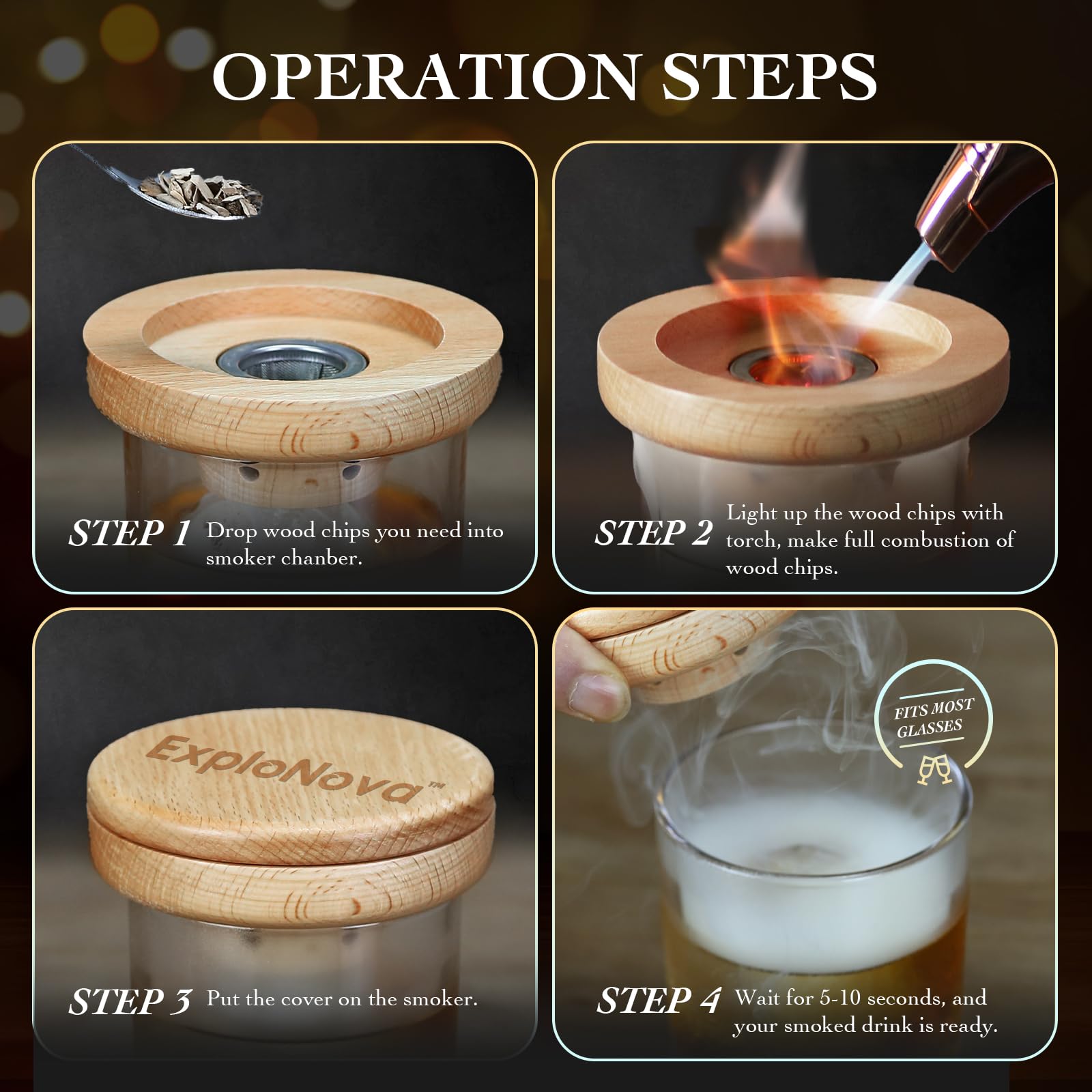 ExploNova Cocktail Smoker Kit with Torch, 6 Flavors Old Fashioned Cocktail Kit with Ice Stones, Bourbon Whiskey Gift for Husband, Father(Without Butane)