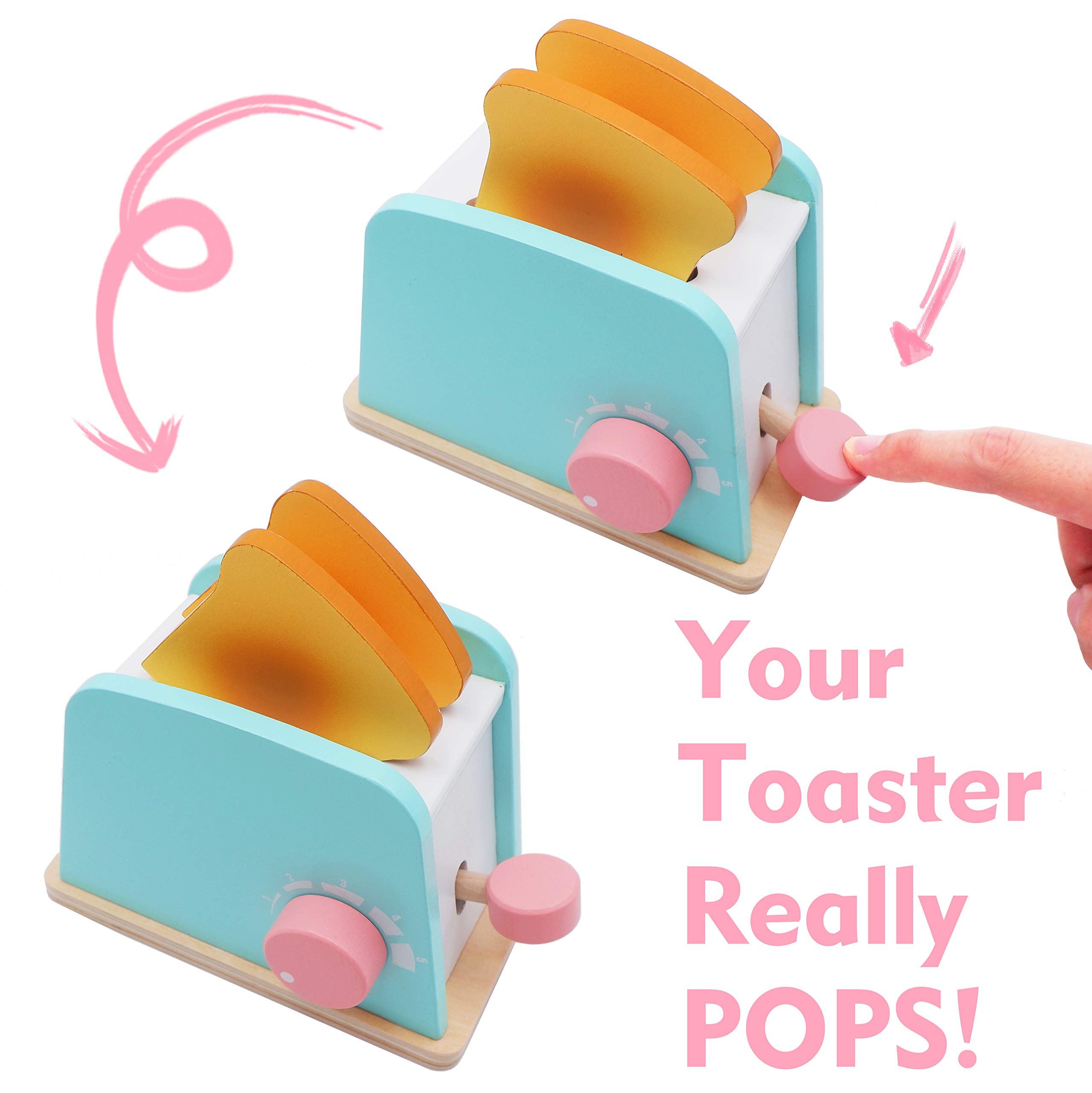 Toy Kitchen Wooden Pop-Up Toaster Play Set 10 Pcs, Interactive Early Learning Toaster, Exclusive Chopping Board, Knife, Poached Egg Honey Bear and Sliceable Butter, Fun and Colorful for Girls and Boys