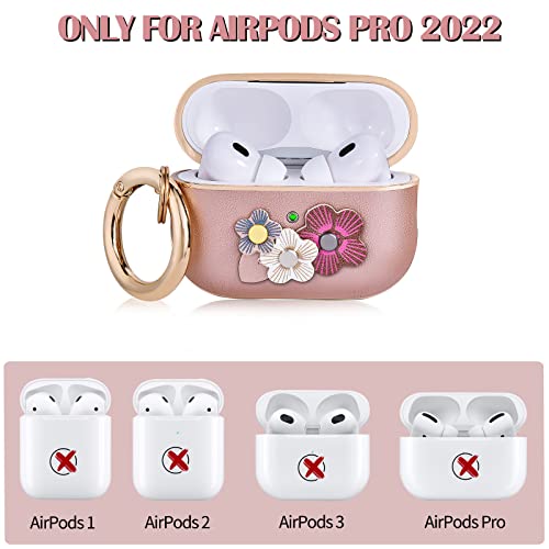 V-MORO for Airpods Pro 2nd Generation Case, Flower AirPod Pro 2 Leather Case Protective Floral Hard iPod Pro 2 Case for Women Men with Keychain for Airpods Pro 2(2022), Rose Gold