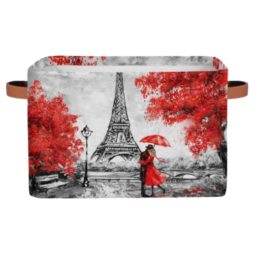 Rectangular Paris Baskets, Girls Storage Bins Kids Storage Basket with PU Leather Handles Cute Baskets Clothes Toys Box Books Baskets Gifts Baskets for Closet Shelf Nursery Bedroom 15x11x9.5 In