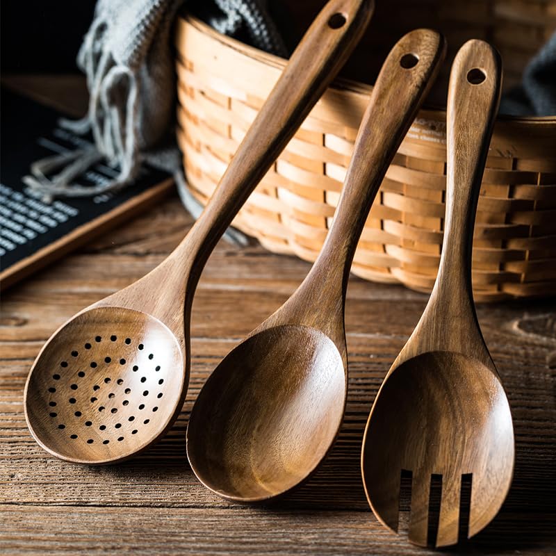 Deluxe Wooden Cooking Utensils Set of 9 - Complete Kitchen Utensils for Cooking with Storage Box & Spoon Holder - Durable and Nonstick Natural Wood Cookware-Wood Cooking Tools (Silver)