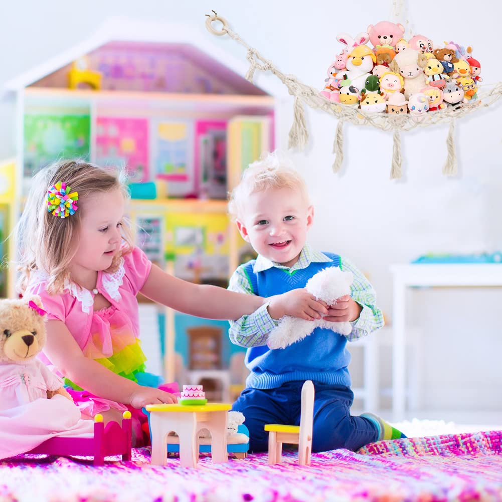 Stuffed Animal Hammock, 41inch Hand-Woven Toy Hammock Boho Tassel Macrame with Star Light String Corner Hanging Organizer Storage Plush Toys Net Holder for Nursery Play Room Kids Bedroom Decoration