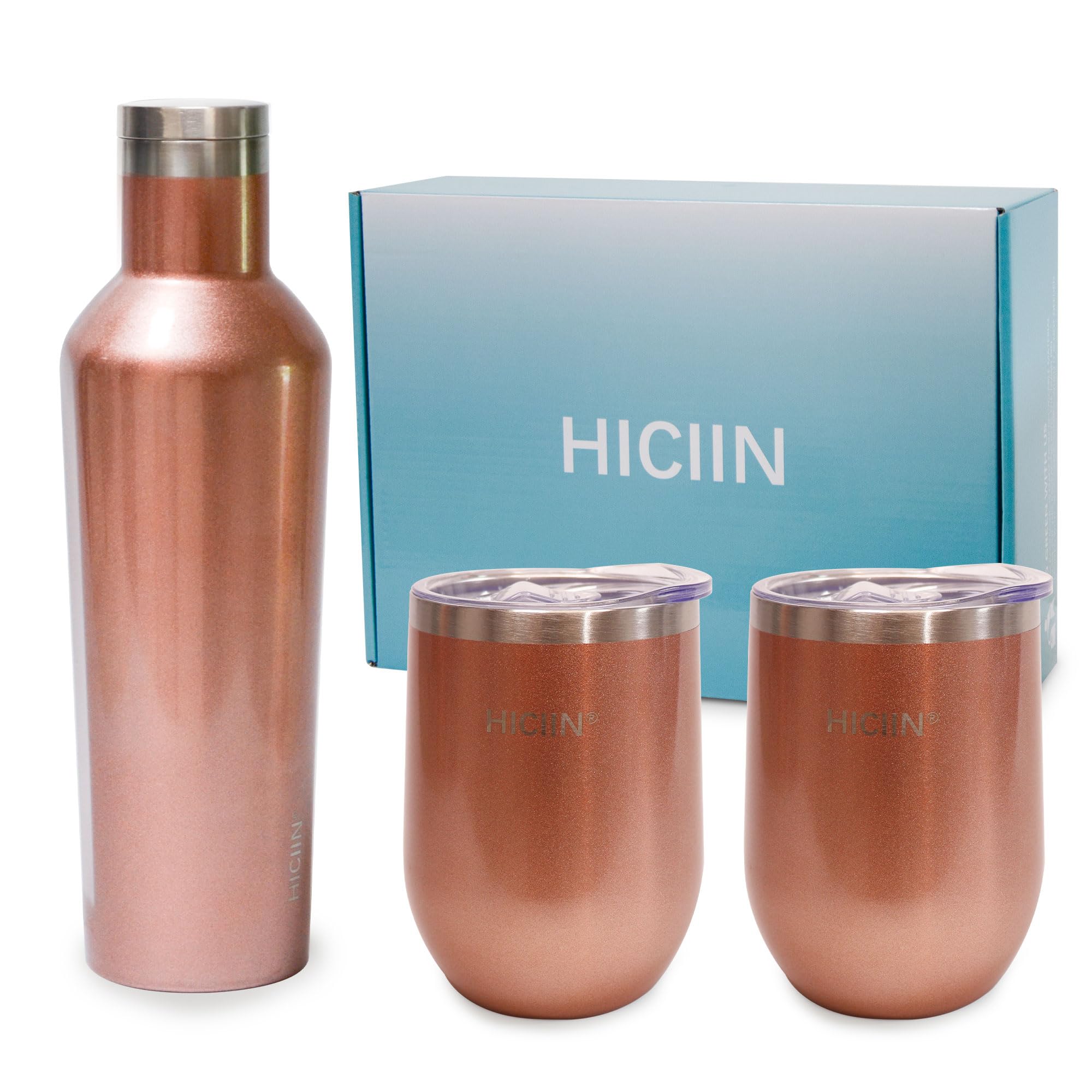 Hiciin Stainless Steel Wine Tumblers with Lid TWO 12oz & Insulated Wine bottle ONE 25oz&Gift Set with well packaged box.Keep water,wine,drinks with warm or cold (Champagne Gold)