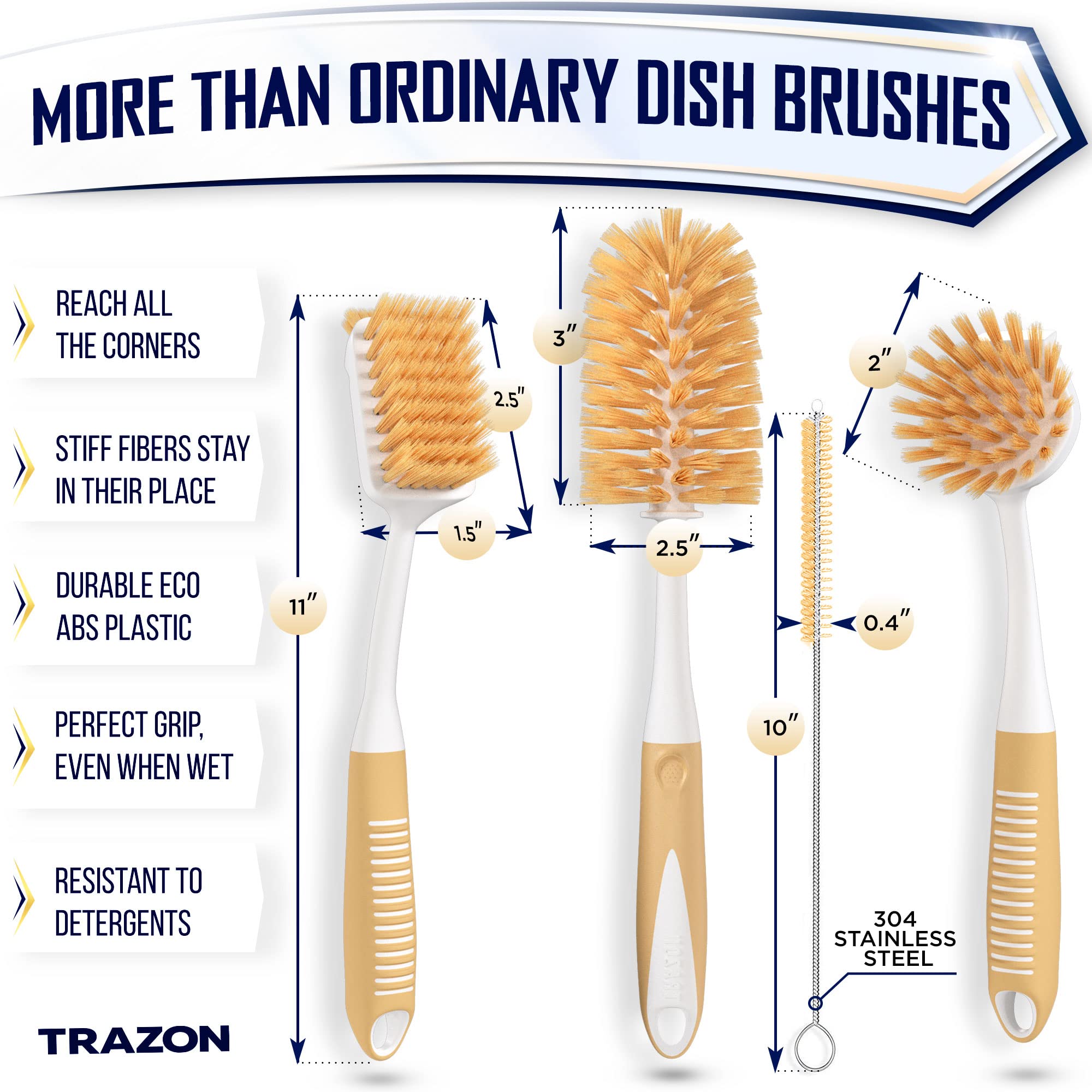 Dish Brush Set of 4 with Bottle Water Brush, Dish Scrub Brush, Scrubber Brush and Straw Brush - Kitchen Scrub Brushes Ergonomic Non Slip Long Handle for Cleaning Cleaner Wash Dish Sink Dishes Cup Pot