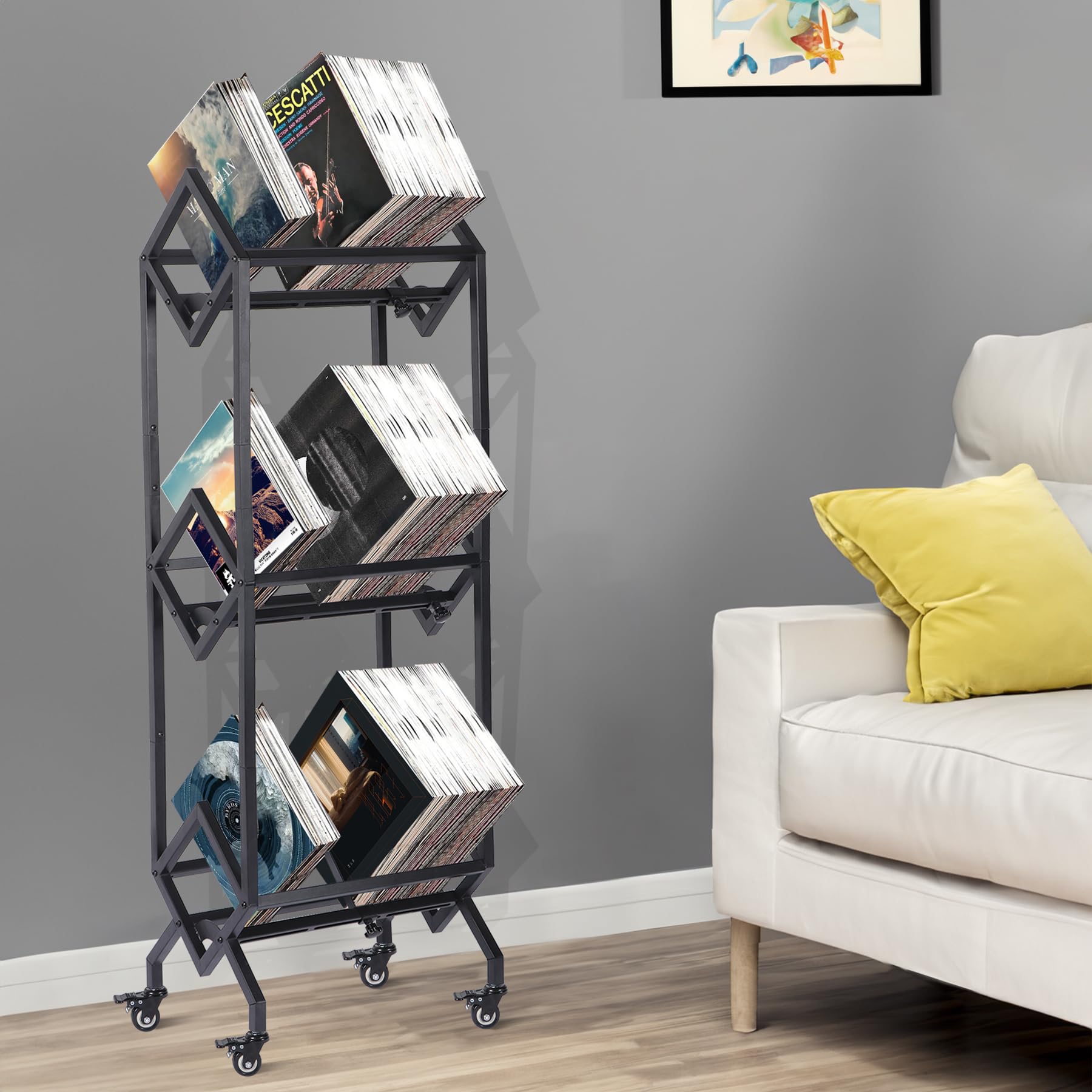 Eastrexon 3 Tier Vinyl Record Storage Rack with Casters, 240-300 LP Storage Display Stand, Metal Vinyl Record holder, Design for Files/Book/Magazine Records Rack