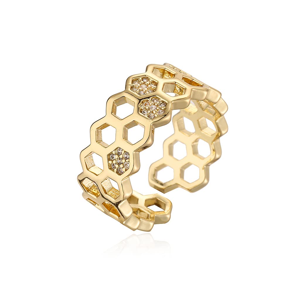 Cubic Zirconia Bee Honeycomb Ring Gold Plated Open Engagement Statement Wedding Stacking Finger Ring Adjustable Fashion Diamond Anniversary Cute Jewelry Gifts for Women Girls BFF Birthday Christmas