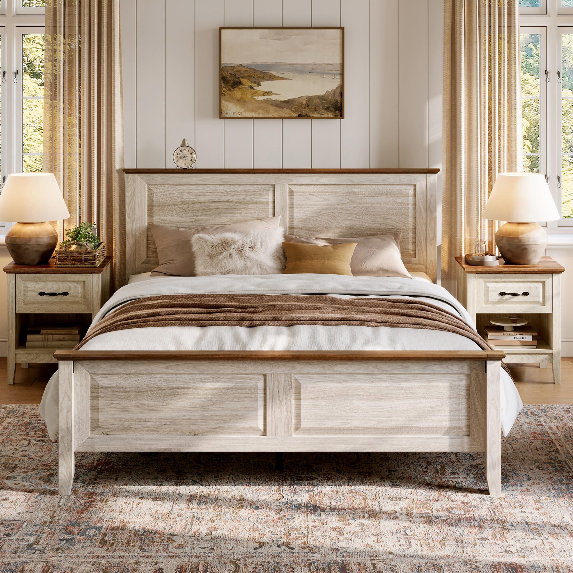 LINSY Wood Queen Bed Frame with Headboard, Farmhouse Bed Frame Queen Size with High Footboard, Wood Bed Fast Assembly, Noise-Free, No Box Spring Needed - Beige