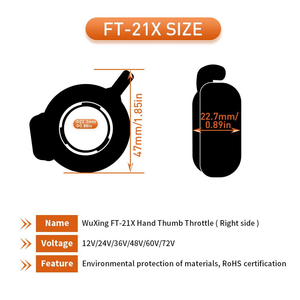 Electric Bicycle Thumb Throttle WUXING, FT-21X Finger Throttle, 12-72V Universal,Speed Control for Ebike Pocket Razor Scooter Accessories Part, (Waterproof Plug(WP-3Pin))