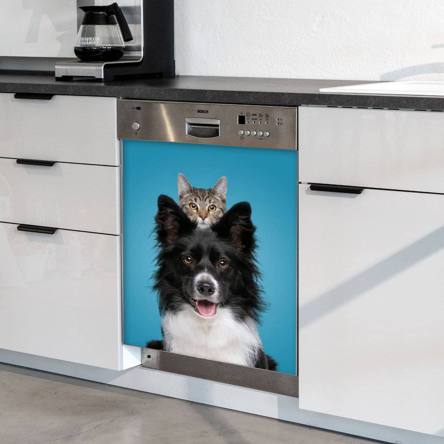 Dishwasher Magnet Sticker Border Collie Dog Portrait with a Hiding cat Behind Magnetic Refrigerator Sticker Appliance Covers Home Kitchen Decor for Fridge Metal Door Garage 23x26in