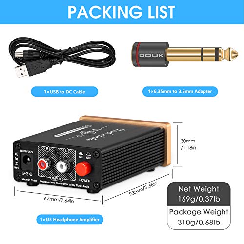 Douk Audio U3 Headphone Amps, Mini Hi-Fi Amplifier for Home Desktop PC 6.35mm / 3.5mm Headsets, Class A, RCA Input, DC 5V