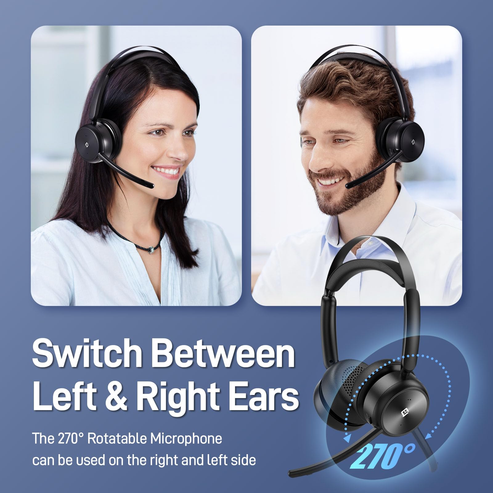 EMEET Wireless Headset, HS80 Bluetooth Headset with Noise Canceling Microphone, 46 hrs Work Time, Charging Base, Mute Button, 2.4G Wireless Dongle/USB, Wireless Headphone for PC/Call Center/Zoom/Skype