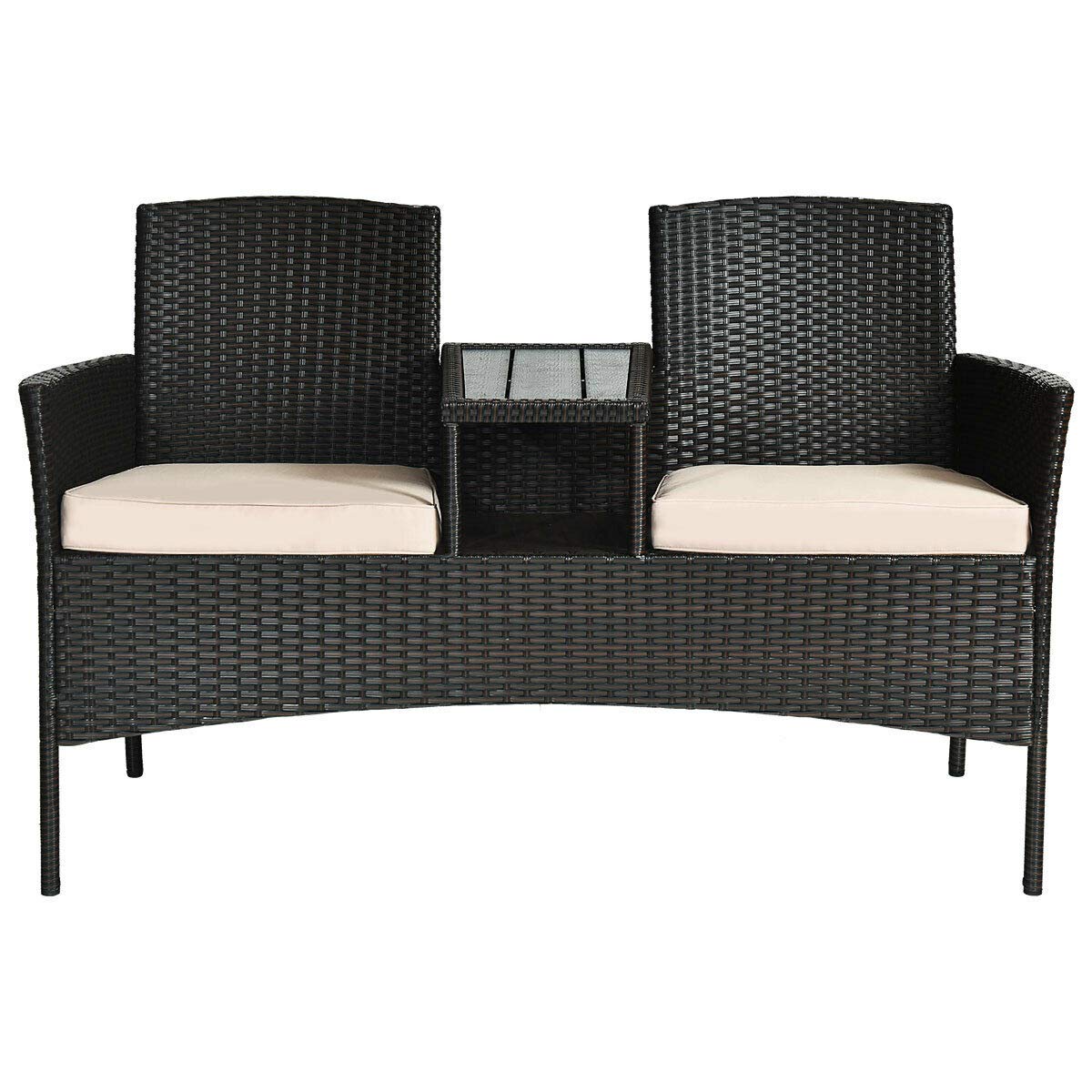 RELAX4LIFE Conversation Furniture Set with Table and Two Removable Cushions Rattan Wicker Chairs and Table Set for Patio,Garden, Baloney and Lawn Outdoor Porch Furniture Sets Loveseat(Brown+Beige)