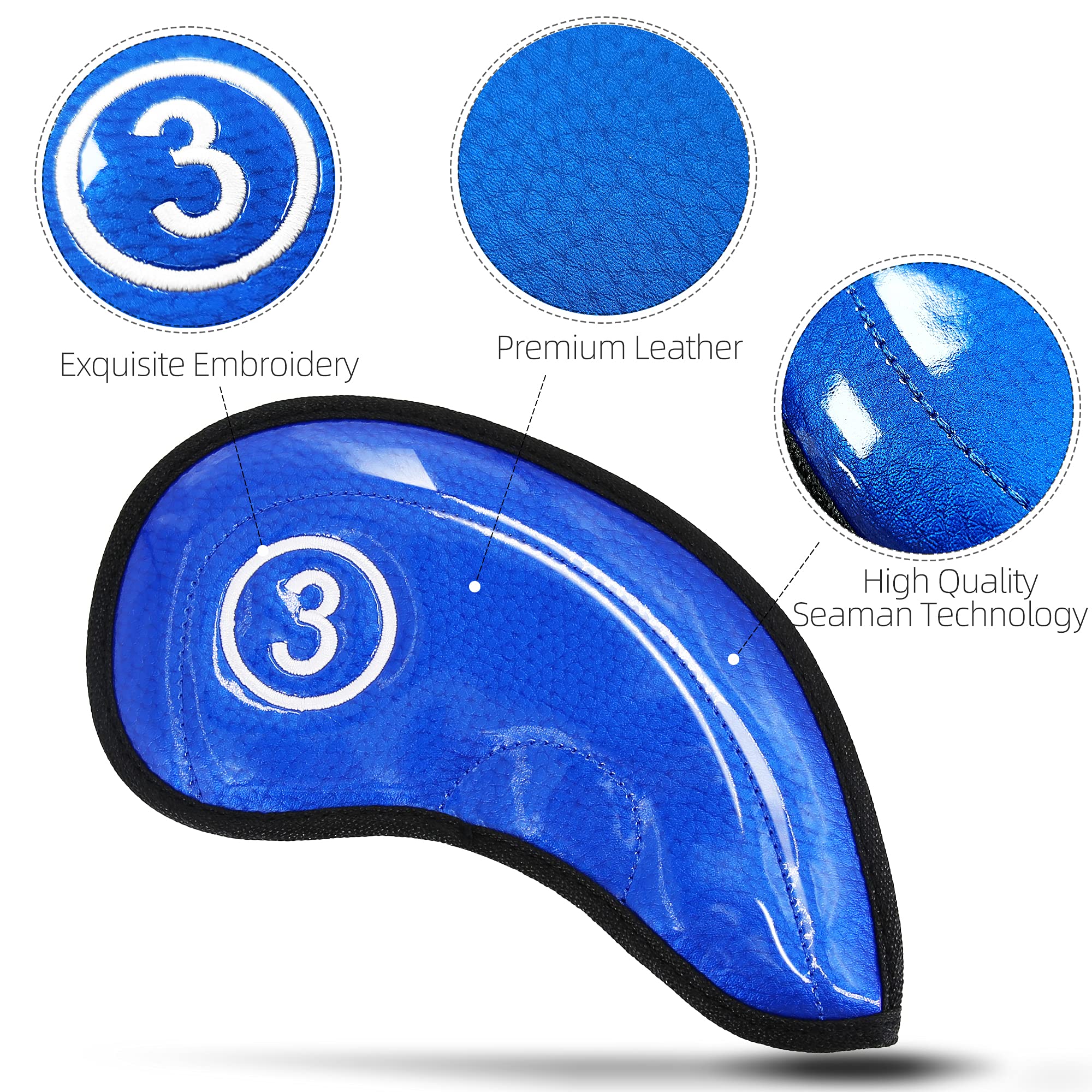 Golf Iron Covers- 10pcs Iron Head Covers for Golf Clubs, PU Leather Golf Club Head Covers Set Fit Callaway Ping Taylormade Cobra Golf Club Covers 3-9/A/P/S