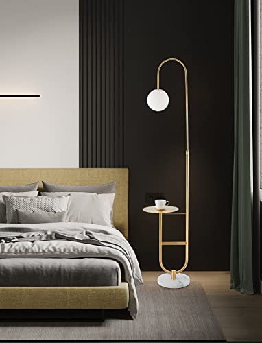 Michideco Floor Lamp with Shelf, Functional Bedside Lamp with Marble Table for Bedroom, Living Room or Office (with Mable Table)