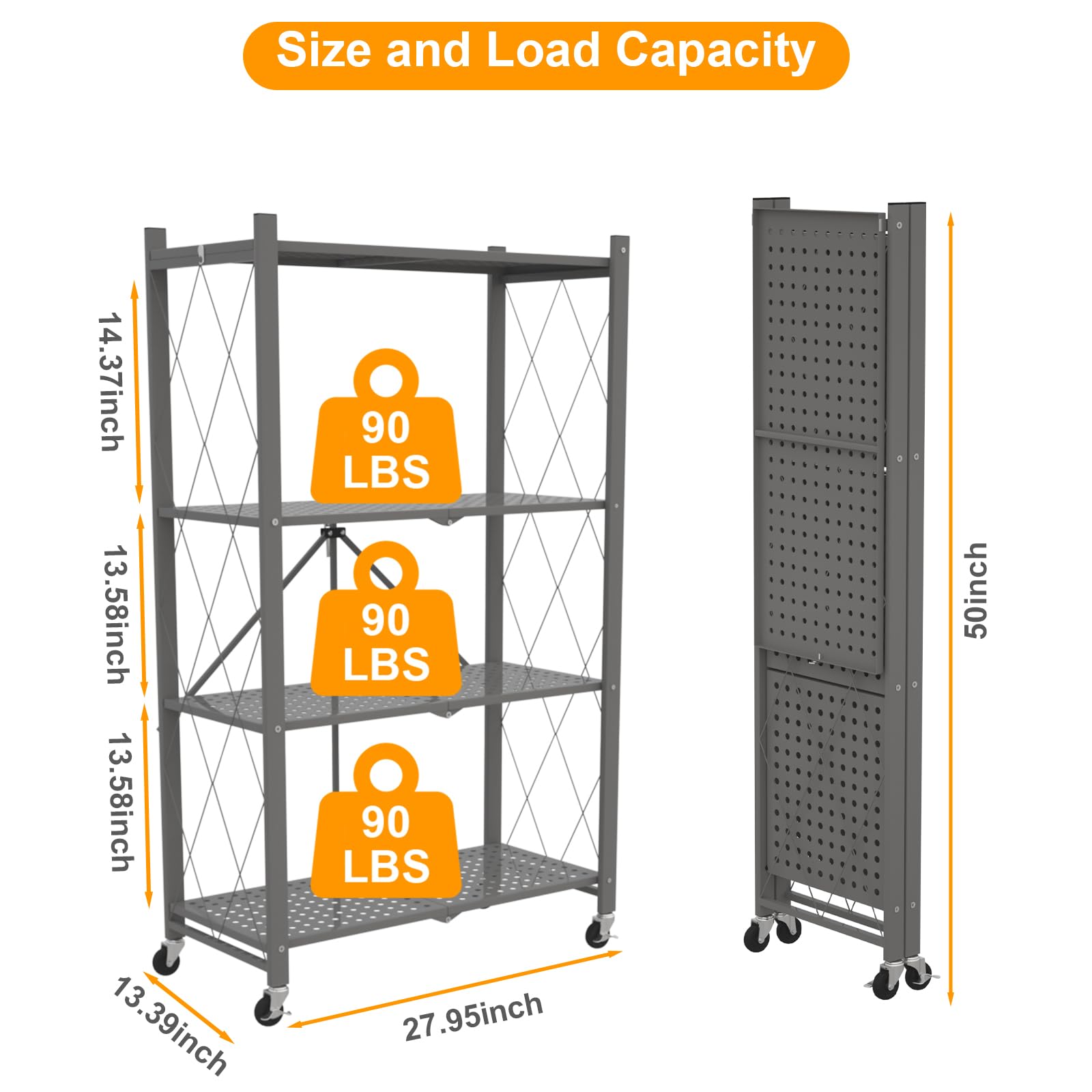 KAERMO 5-Tier Foldable Storage Shelves with Wheels -No Assembly Metal Folding Shelves, Collapsible Shelving Storage Unit Rolling Shelf for Home Garage Kitchen Office (Dark Grey)