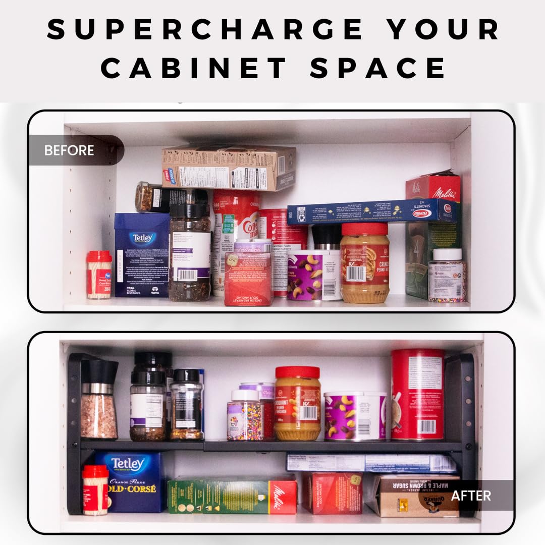 Expandable Kitchen Cabinet Shelf Organizers - Adjustable Height & Width Shelf Riser - Stackable Shelves - Pantry Shelf Organizer Rack - Cupboard Cabinet Storage Shelf Rack - Countertop Organizer